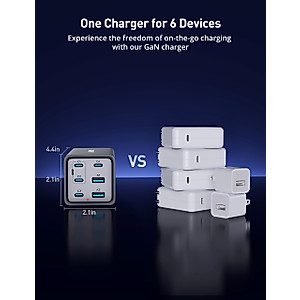 Alfox 200W USB C Charger, 6 Ports GaN PD140W Fast Charging Station, Portable Laptop Charger Block, Compatible with MacBook Pro/Air, iPad Pro/Air, iPhone 15 Pro Max/14, Steam Deck, Dell XPS, HP