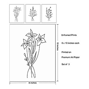 Black and White Wall Art Prints for Living Room, Bedroom, Kitchen, Office, Bathroom Wall Decor, Minimalist Wall Art, Botanical Prints, Plant Poster, Flower Pictures, Set of 3, 8" x 10", Unframed.