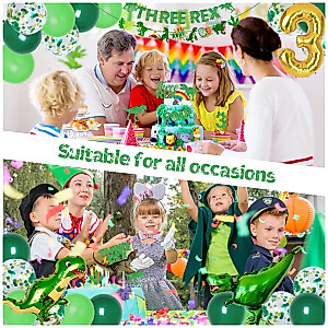 Dinosaur 3rd Birthday Decorations, 3 Rex Birthday Party Supplies - Three Rex Banner, Cake&Cupcake Toppers, Dinosaur Balloons,Temporary Tattoos for Roar I’m 3 Boys Girls Birthday
