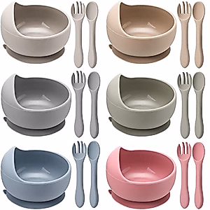 EBOOT 6 Set Baby Bowls with Suction Sets, Toddler Led Weaning Spoon and Fork Baby Utensils Suction Bowls Silicone Bowls for Baby Toddler First Stage Feeding Utensils