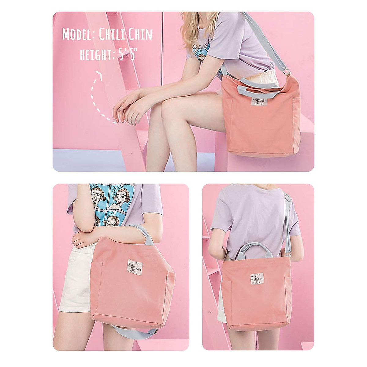 Lily queen Women Canvas Tote Handbags Casual Shoulder Bag purse Crossbody (Almond Pink)