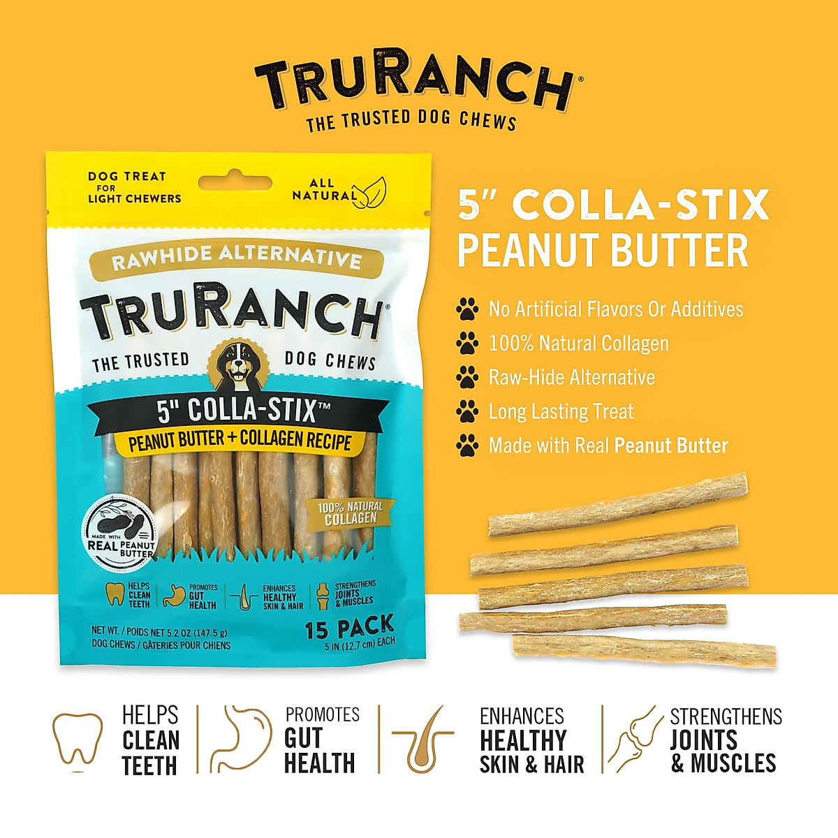 TRURANCH 5" Collagen Sticks, Peanut Butter - 15 Pack