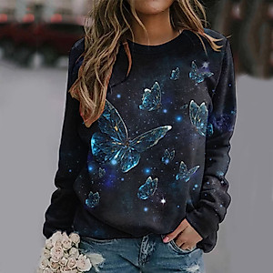 cooki Womens Sweatshirt Womens Fall Fashion 2023 Long Sleeve Shirts for Women Dressy Crewneck Pullover Sweatshirts Vintage Flower Loose Tunic Blouses Tops Fall Clothes Black