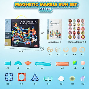 Lekebaby Magnetic Tiles Marble Run Race Track Magnet Building Block for Kids 110 Pieces STEM Learning Construction Toys Gifts for Boys Girls Age 3 and Up