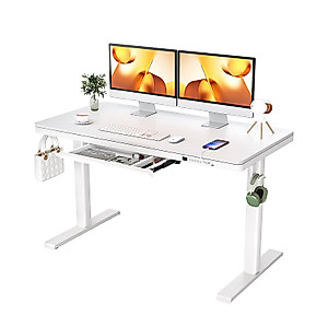 ErGear Dual Motor Electric Standing Desk with Drawers,48x24 Inch Whole-Piece Quick Install,Height Adjustable Stand up Sit Stand Home Office Ergonomic Workstation with USB Charging Ports(White)