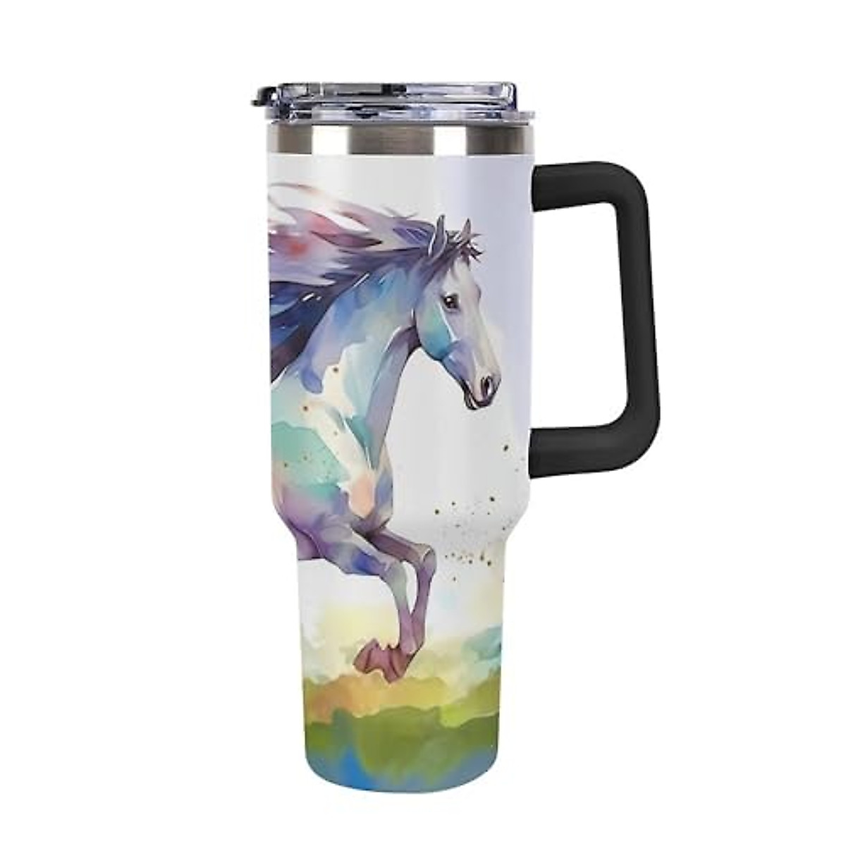 Running Horse Watercolor 40 Oz Stainless Steel Cup Travel Tumbler with Handle and Straw Lightweight Coffee Mug for Home Office