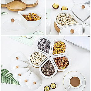 WMM 11 Inch Ceramic Divided Serving Dishes with Bamboo Tray and Lids, 5 Removable Snack Bowls Relish Tray for Candy, Nut, Fruits, Chips and Dip