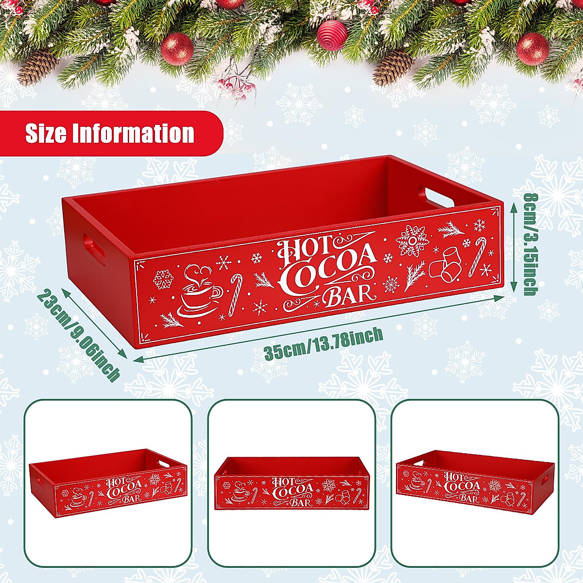 Uiifan 2 Pcs Christmas Hot Cocoa Bar Wood Storage Box with Handles Wood Box Decorative Wood Crate Wooden Basket Bin Serving Tray for Home Office Kitchen Xmas Holiday Gift Party Supplies