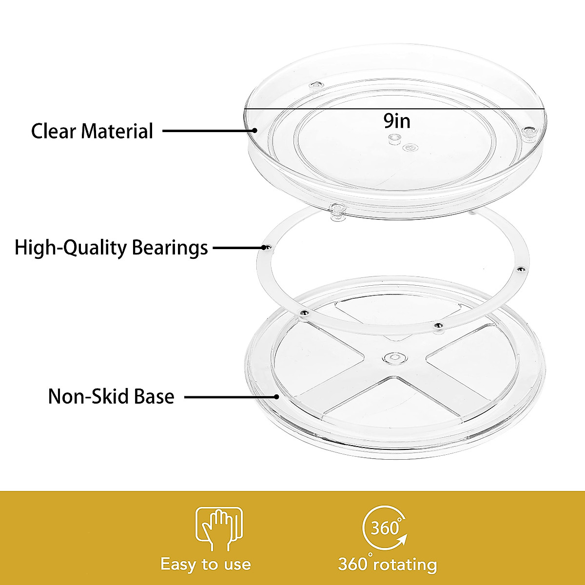 URALFA 9 Inch Lazy Susan Spice Rack Organizer, 360 Degree Rotating Round Lazy Susan Turntable for Cabinet, 2-Pack, Clear
