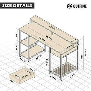 OUTFINE Desk Computer Desk Office Desk with Wodden Drawer, Monitor Stand and Storage Shelves