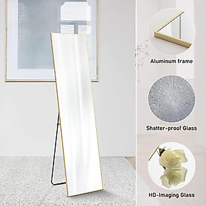 Sweetcrispy 59"x16" Floor Standing Mirror, Wall Mirror with Stand, Full Length Aluminum Alloy Thin Frame Hanging or Leaning for Living Room Bedroom Cloakroom, Gold
