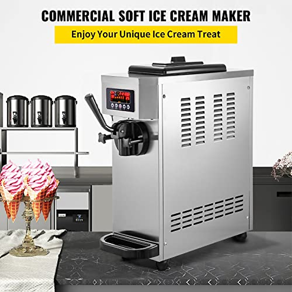 VEVOR Commercial Ice Cream Machine, 4.7-5.3Gal/H Soft Serve Machine, Single Flavor Ice Cream Maker, 1500W Countertop Soft Serve Ice Cream Machine with 1.6Gal Tank, LCD Panel, 6 Magic Heads