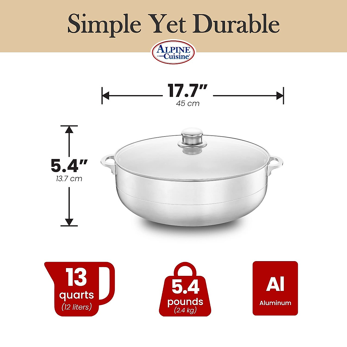 Alpine Cuisine 13-Quart Aluminum Caldero Stock Pot with Glass Lid, Cooking Dutch Oven Performance for Even Heat Distribution, Perfect for Serving Large & Small Groups, Riveted Handles Commercial Grade
