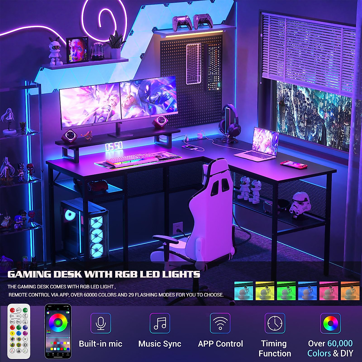 Unikito L Shaped Desk, Reversible Corner Computer Desk with Magic Power Outlets and Smart LED Light, Unique Grid Design, 55 Inch Office Desk with Monitor Stand and Storage Shelf, Black