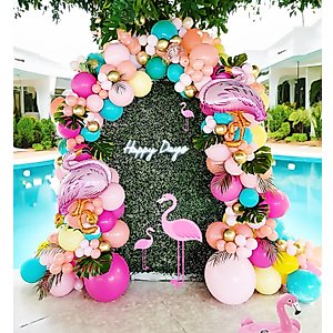 Yeewaka Tropical balloon Garland kit 145Pcs Hot pink Teal Yellow pink balloons foil flamingo balloons & Palm leaves For Summer by pool beach birthday decorations