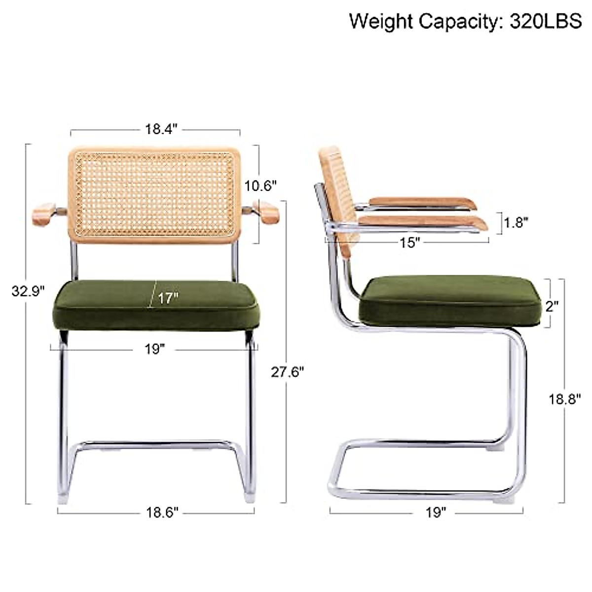 Zibeths Olive Green Dining Chairs, Cane Back Side Chairs with Armrest, Cesca Dining Chairs Set of 2, Velvet Upholstered and Chrome Legs for Dining Room, Living Room, Kitchen