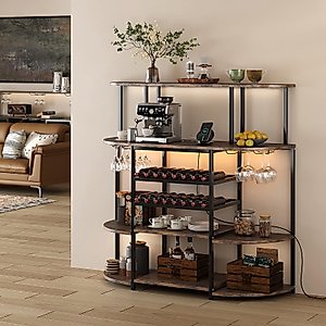 WASAGUN 6-Tier Coffee Bar Cabinet with Power Outlet & RGB LED, Wine Bar Cabinet for Home, Coffee Bar Cabinet Table with Wine Rack & Storage, Liquor Bar Cabinet for Dining Room