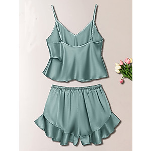 SOLY HUX Women's Sexy Silk Satin Ruffled Pajamas Sets Cami Shorts Sets Sleepwear Cadet Blue L