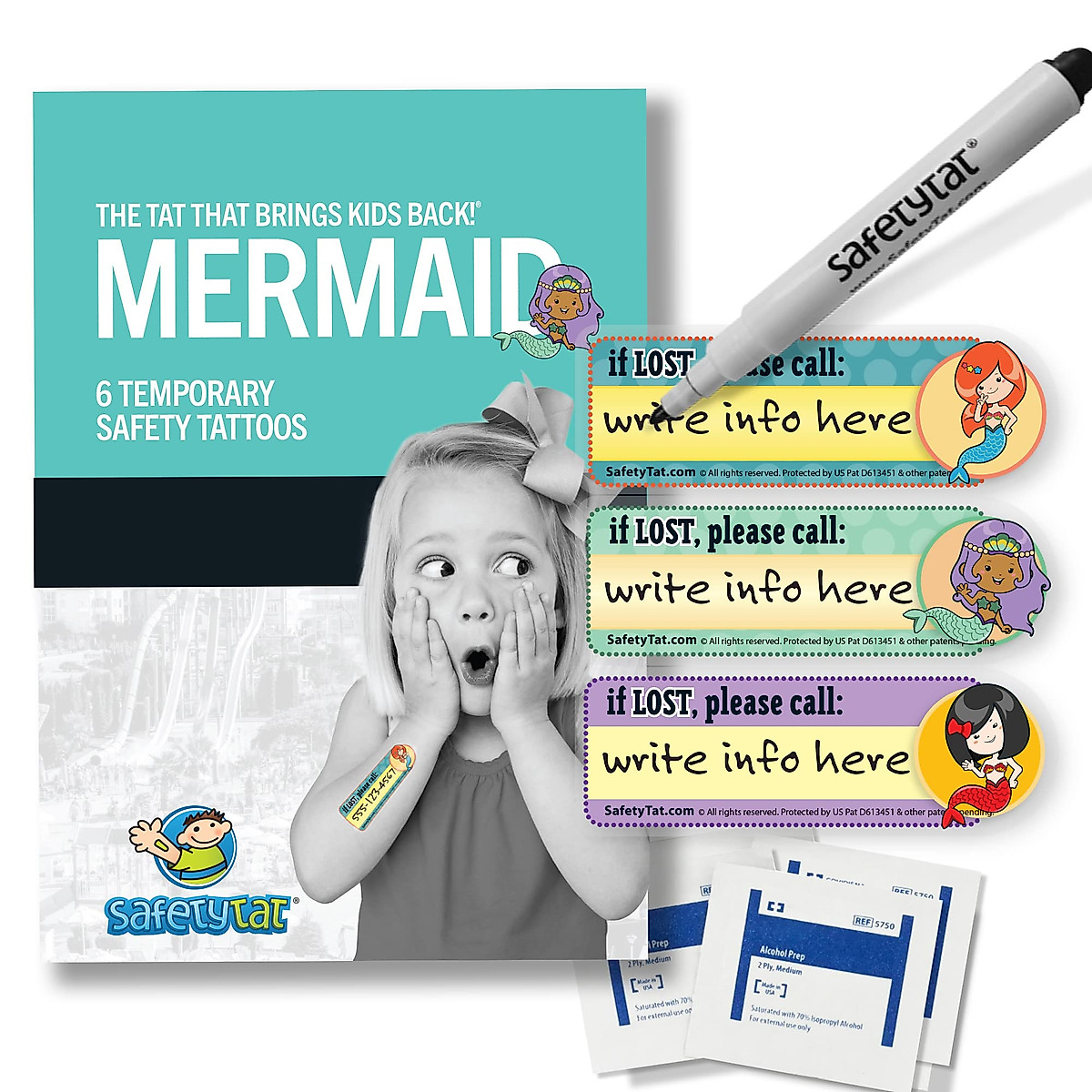 Mermaid 6pk SafetyTat Child ID Tattoos includes skin prep wipes and tattoo marking pen