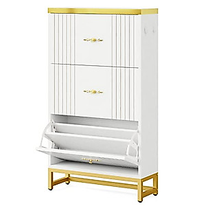 Tribesigns Shoe Cabinet with 3 Flip Drawers, Modern 18-24 Pair Shoe Rack Organizer with 2 Hanging Hooks, Freestanding Tipping Bucket Shoe Storage Cabinet for Entryway