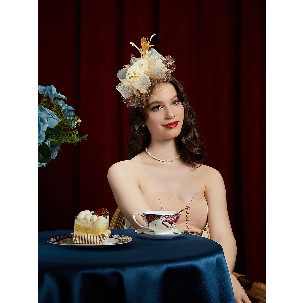 Cizoe Kentucky Derby Fascinators for Women High Tea Party Hat Wedding Cocktail Flower Headware with Mesh and Feathers(Gold&Beige)