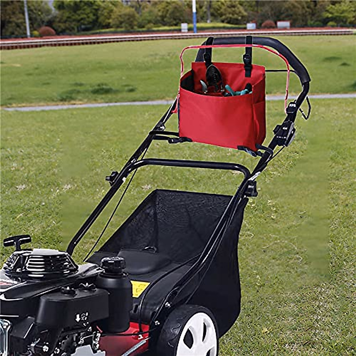 Lawn Mower Organizer Bag - 600D Heavy Duty Hanging Mower Storage Pocket Garden Tool Pouch Accessories for Outdoor Gardening, 13" H x 5" W x 14" L (Red)