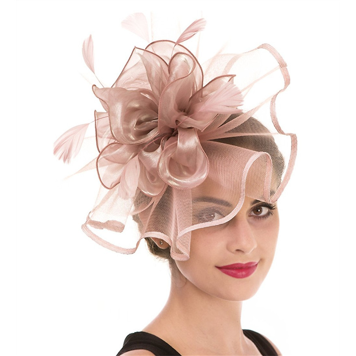 Fascinator Women's Organza Church Kentucky Derby British Bridal Tea Party Wedding Hat Summer Ruffle Hat(Hj2-Pink)