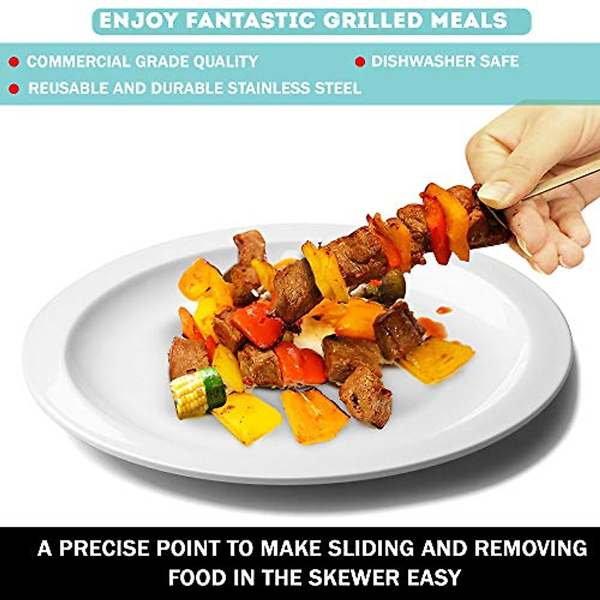 [48 Pack] 12” Stainless Steel Flat Metal Skewers - Kabob Grilling Sticks, BBQ Mediterranean Mexican Cocktail Party, for Appetizers Shish Kebab Meat Fruits Vegetables Picks, Dishwasher Safe