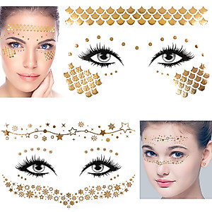 Konsait 8 Sheets Face Tattoo Sticker Metallic Temporary Transfer Tattoo Waterproof Face Jewels for Women Girls Make Up Dancer Costume Parties, Shimmer Glitter Gold Tattoos,Butterfly Star Freckle Scale