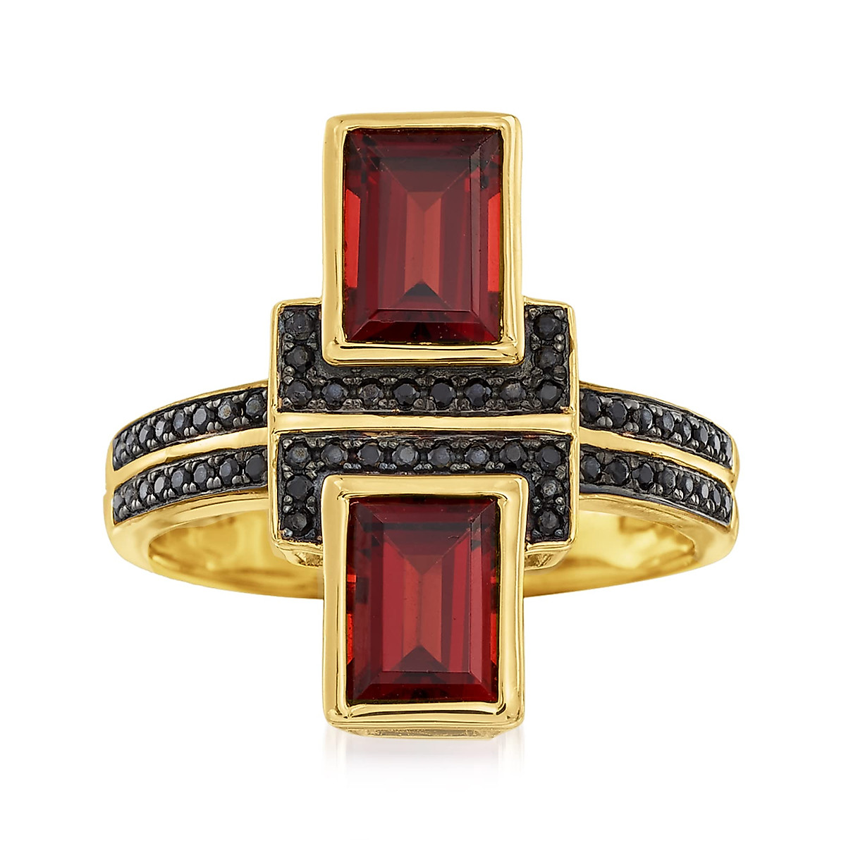 Ross-Simons 2.40 ct. t.w. Garnet and .10 ct. t.w. Black Spinel Ring in 18kt Gold Over Sterling. Size 7