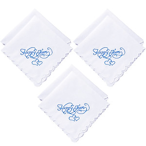 Embroidered Wedding Handkerchiefs Happy Tears Wedding Handkerchiefs with Scallop Lace Edges for Wedding Day Bride (6 Pieces) White, Blue