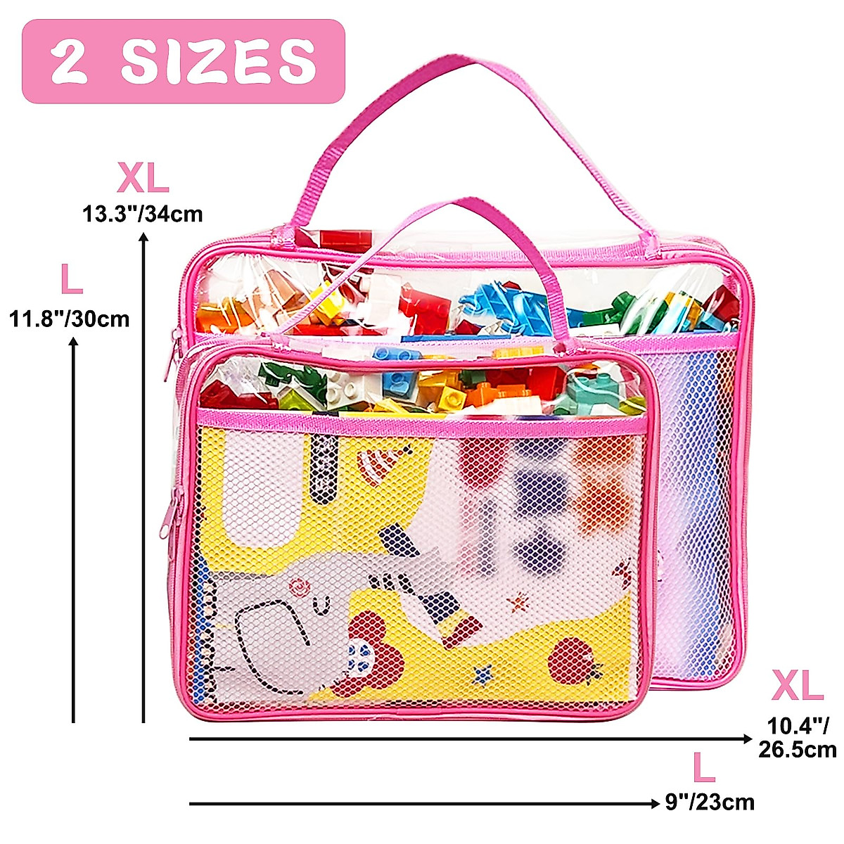 Toy Zippered Blocks Set Storage Bags for boy girls - 4PC Large PVC Storage Organizer Bags with Mesh Side Pockets for Puzzle, Clay, Book, Small Models and Mini Plush Toys. XL: 10.4" x3 "x13.3