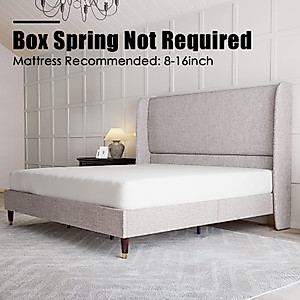 PaPaJet Queen Platform Bed Frame 51.2" High Headboard Linen Tall Upholstered Bed/No Box Spring Required/Wood Slat Support/Easy Assembly Light Grey
