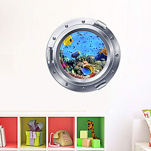 Woodland Arts 3D Undersea Various Tropical Fish Corals Porthole Submarine View Ocean 18 x 18 inch Removable Vinyl Peel and Stick Decorative Wall Decals Stickers for Children Kids Room Nursery