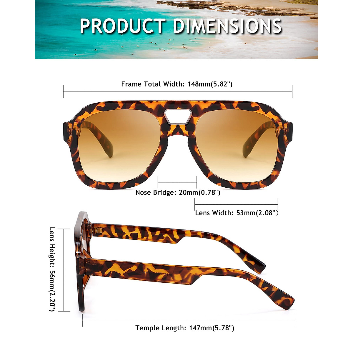 FEISEDY Vintage Pilot Sunglasses Double Bridge Women Men Large Square Thick Frame Trendy Eyewear UV400 B2846