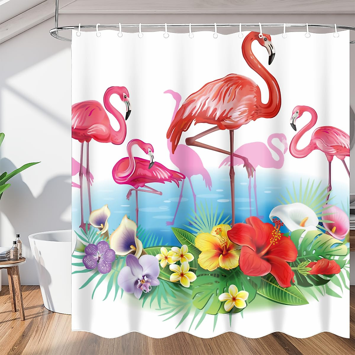 Aglebo Flamingo Tropic Floral Shower Curtain Fabric Shower Curtain Set with 12 Hooks Water-Proof 72 * 72 Inches for Bathroom Beach Caravan Hotel
