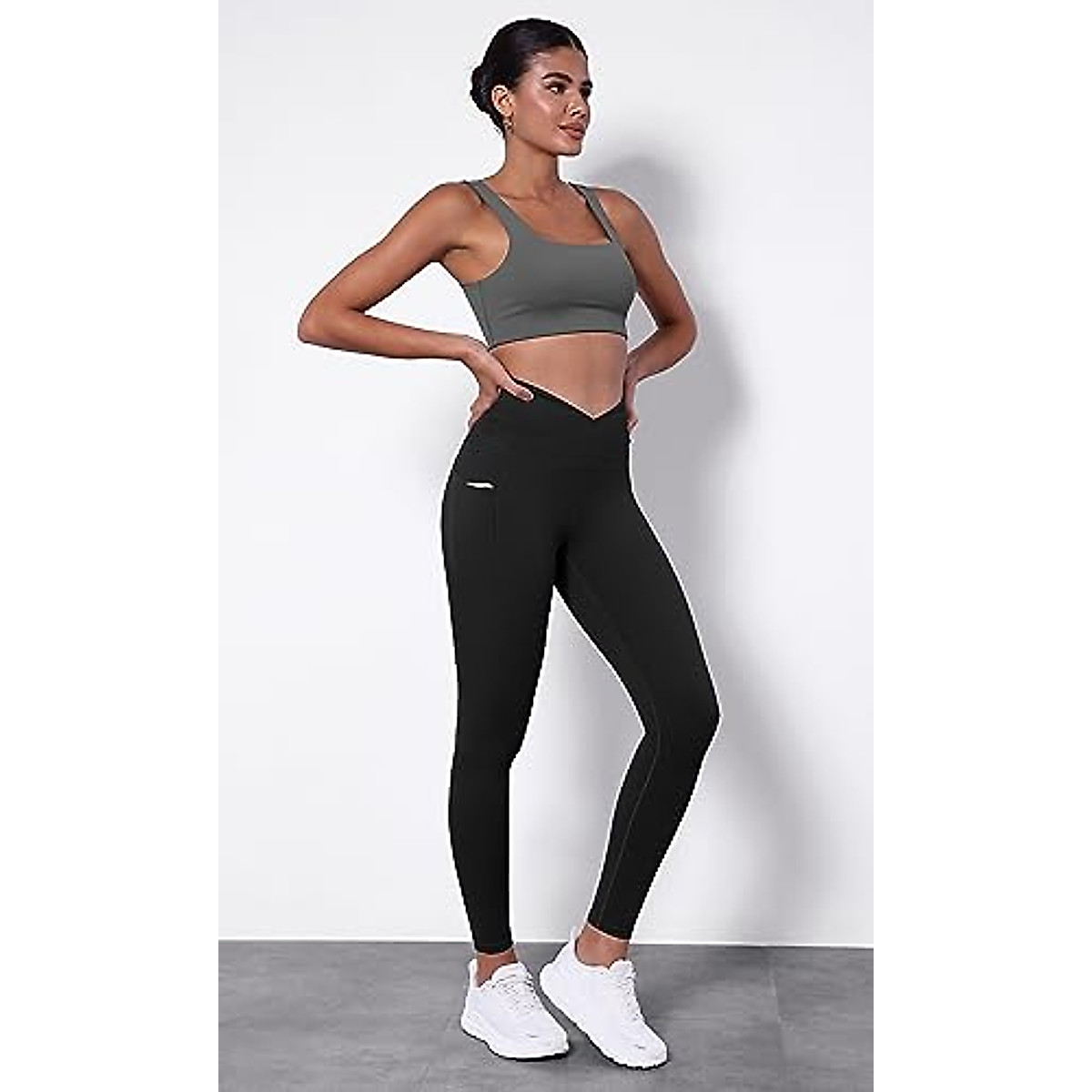 ODODOS Women's Cross Waist Full Length Yoga Leggings with Pockets, Inseam 28" Gathered Crossover Workout Yoga Pants, Black, Medium