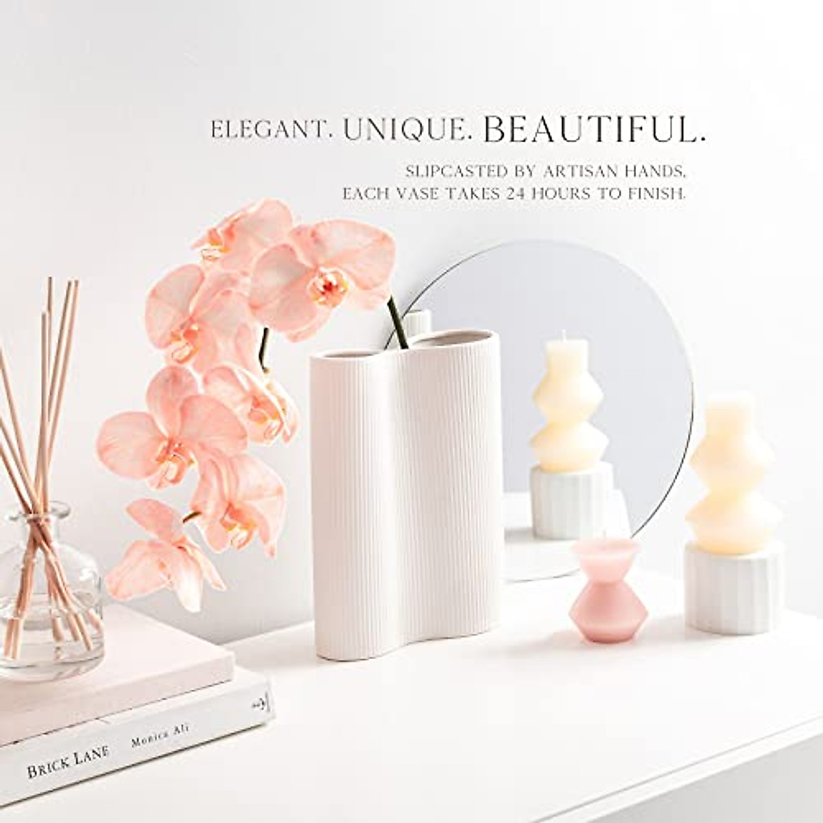 Luxe Infinity White Vase. 9” Ribbed Vase for Flowers. Organic Modern Home Decor. Pampas Grass Vase. Fluted Vase. Modern Vase. Aesthetic Vase. Tall White Flower Vase for Decor. White Ceramic Vase