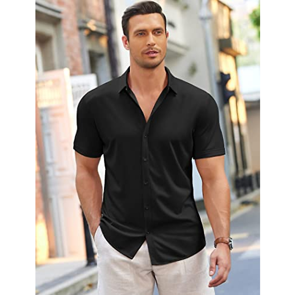 COOFANDY Casual Dress for Men Short Sleeve Button Up Summer Beach Shirts Wrinkle Free Black