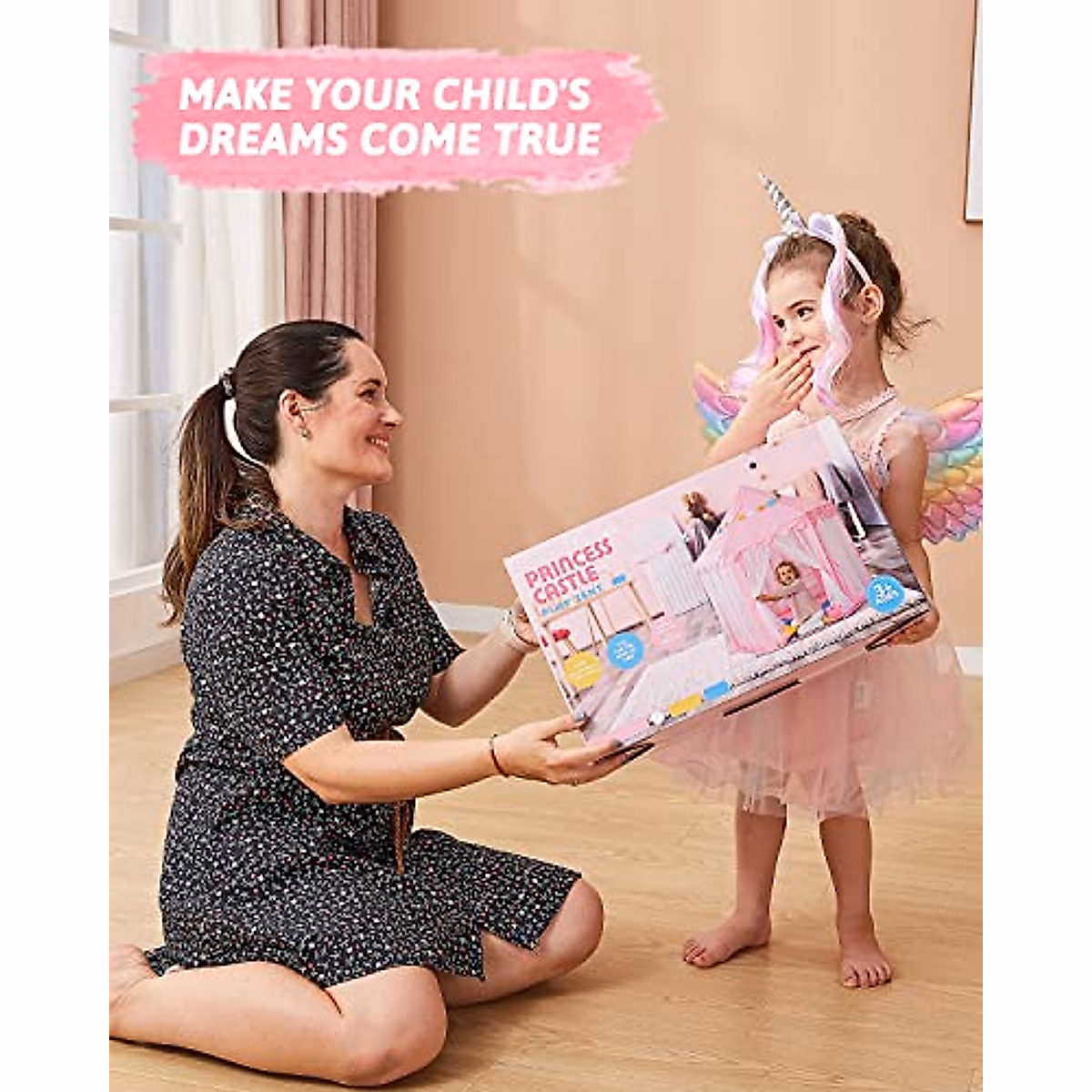 AÖARLO Princess Play Tent with Rainbow Rug and Lights, Odorless Princess Tent for Girls 3-7, Indoor Play Tent Toy House, ASTM Certified Mosquito Prevention, 55'' X 53'' (DxH)