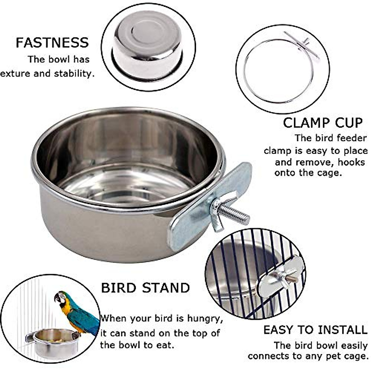 Tfwadmx Bird Feeding Dish Cups Parrot Food Bowl Clamp Holder Coop Cup, Bird Cage Water Bowl for Parakeet African Greys Conure Cockatiels Lovebird Budgie Chinchilla 2 Pack
