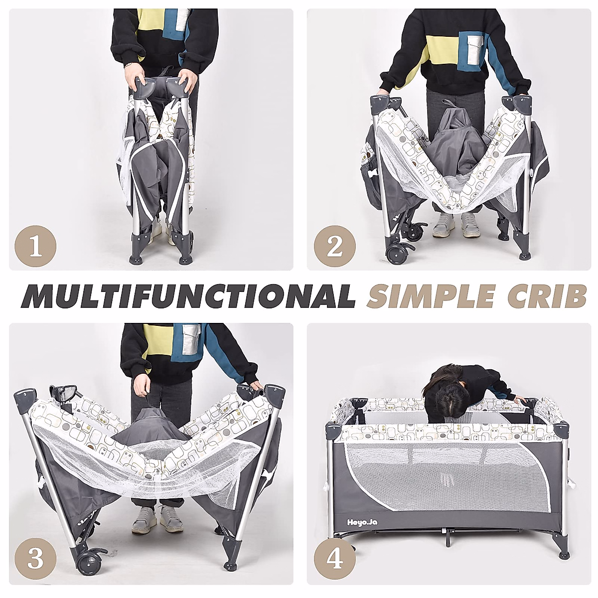 Heyo.Ja Double Layer Baby Portable Playard, 5 Height Adjustable Crib,Changing Table, Foldable Bassinet Bed with Luxury Mosquito Net,Toys Bag,Wheels & Brake, Game Entrance for Boys Girls(Grey)