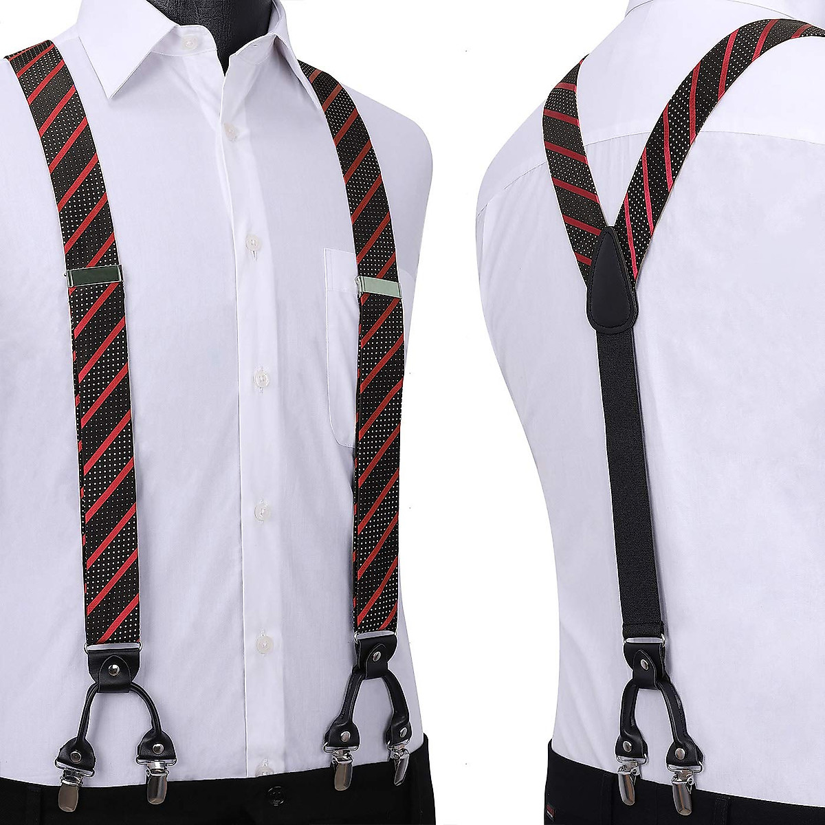 HISDERN Bow Tie and Suspenders for Men Red Striped Suspender and Bowtie Handkerchief Set Adjustable Y Shape 6 Clips Wedding Brace