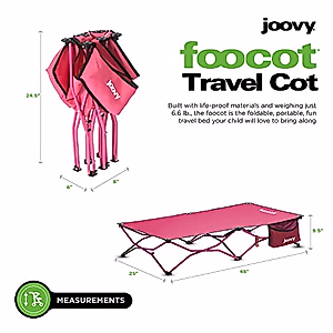 Joovy Foocot Travel Cot Featuring a Steel Frame and Tough Polyester Fabric, Storage Pocket, and Easily Folds into Included Travel Bag – Holds Kids Up to 48” Tall or 75 Lbs (Pink)