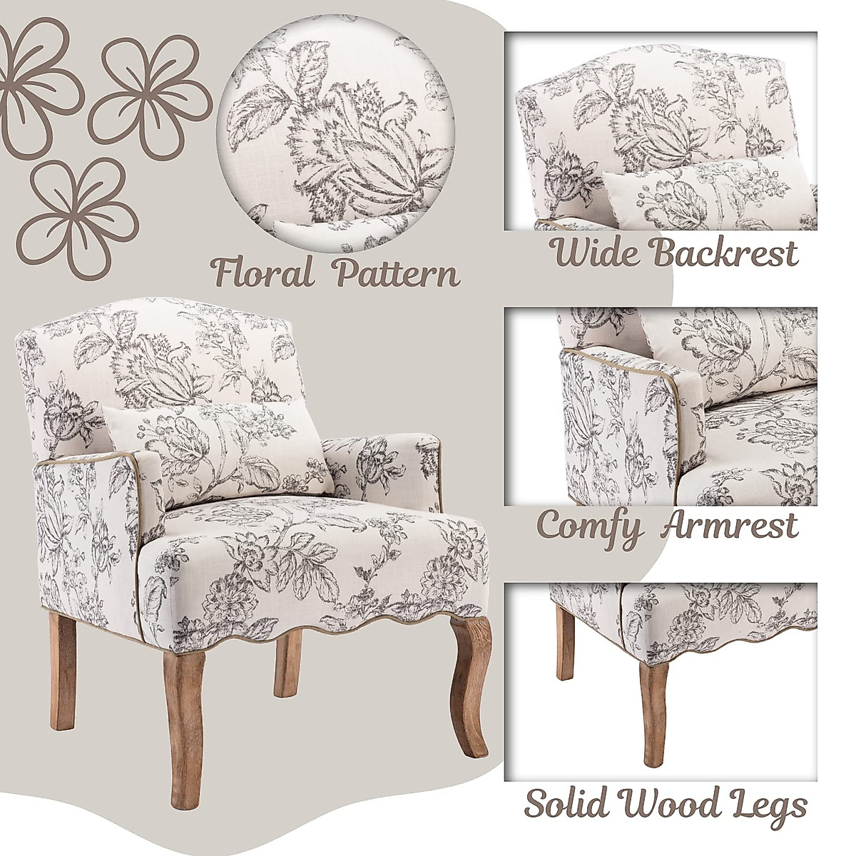 CIMOO Mid Century Modern Accent Chair Set of 2 Floral Reading Chair with Removable Pillow Wingback Arm Chair Upholstered Comfy Single Sofa for Living Room/Bedroom/Fireplace, Beige 2PCS