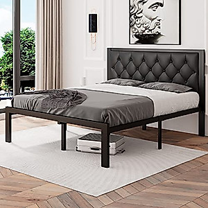 Feonase Queen Size Metal Bed Frame with Faux Leather Button Tufted Headboard, Heavy-Duty Platform Bed Frame with 12" Storage, Steel Slats Support, No Box Spring Needed, Noise Free, Black