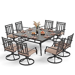 PHI VILLA 9 Pieces Patio Dining Set, 8 Patio Cushioned Swivel Rocker Chairs and Metal Outdoor 60” Large Square Table with 1.57” Umbrella Hole for Deck,Lawn, Garden