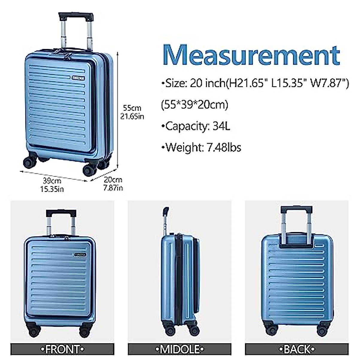 TydeCkare 20 Inch Carry On Luggage with Front Pocket, 21.65 * 15.35 * 7.87" Suitable for Airplane Overhead Bin, 34L PC+ABS Hardshell, Ice Blue