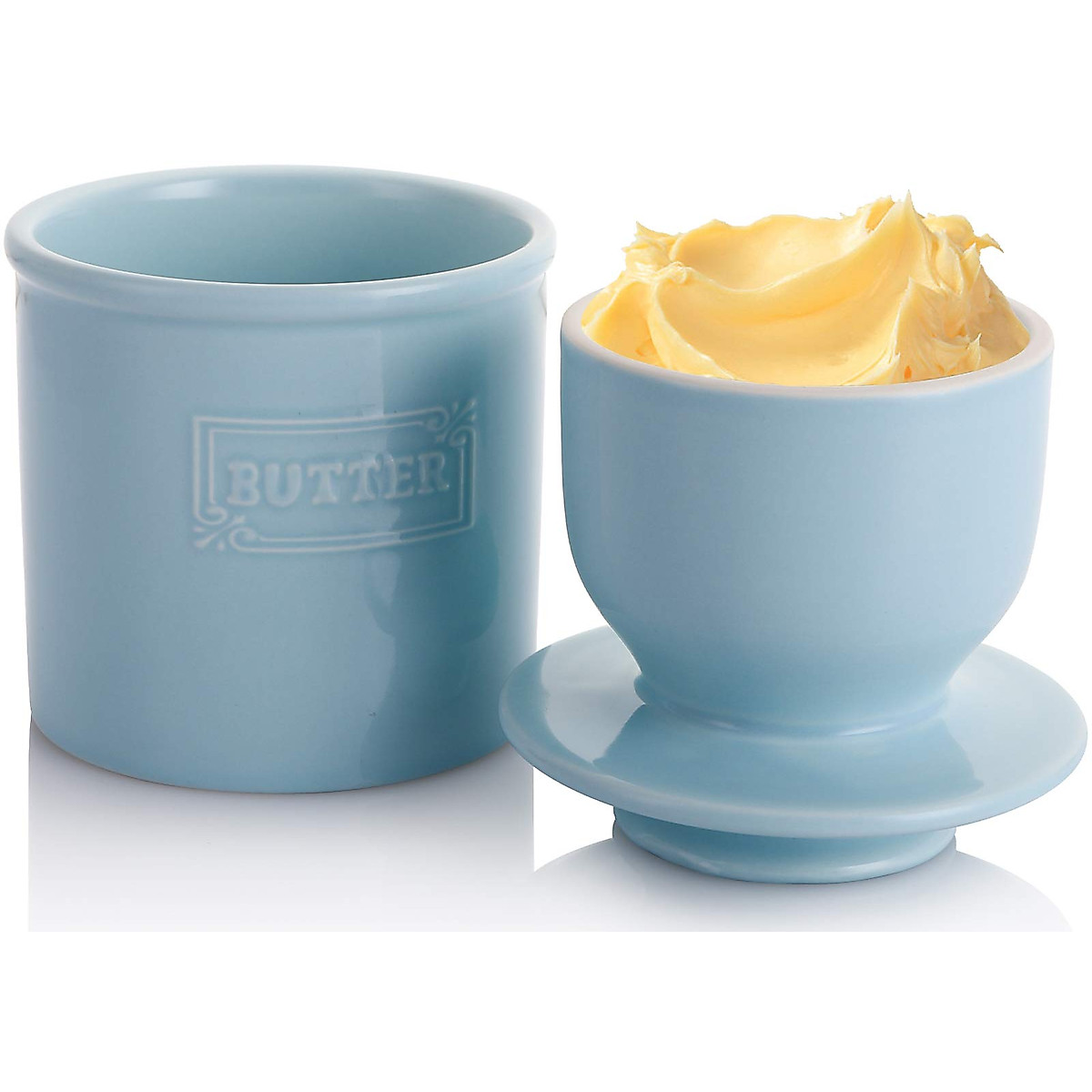AVLA 2 Pack Ceramic Butter Crock, French Butter Dish with Water Line, Butter Keeper Butter Container for Countertop, Big Capacity, Aqua Blue