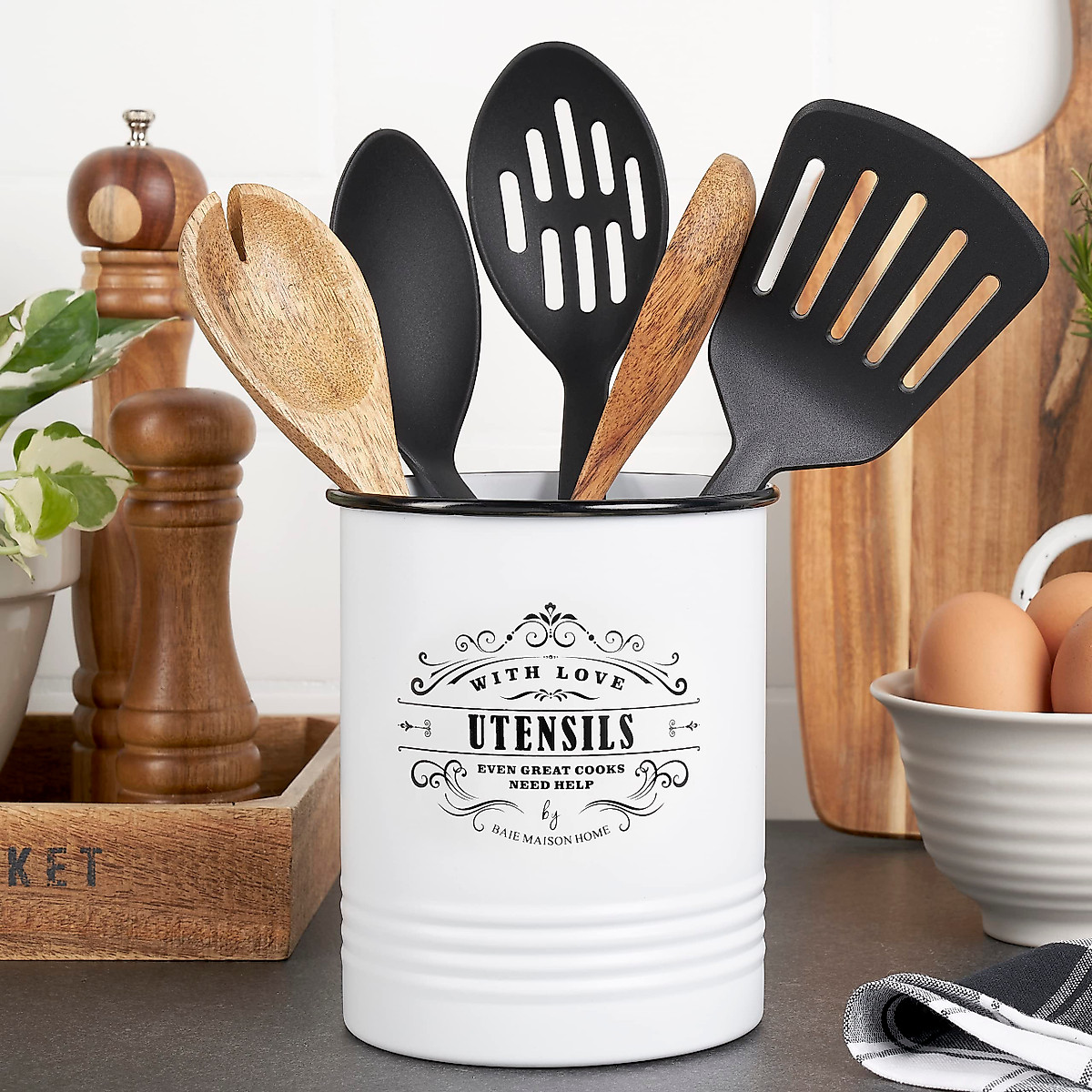 Baie Maison Large Kitchen Utensil Holder for Countertop - Farmhouse Kitchen Tools Storage Organizer Utensil Crock - White Cooking Utensil Holder for Kitchen Counter - Utensil Caddy Jar Spatula Holder